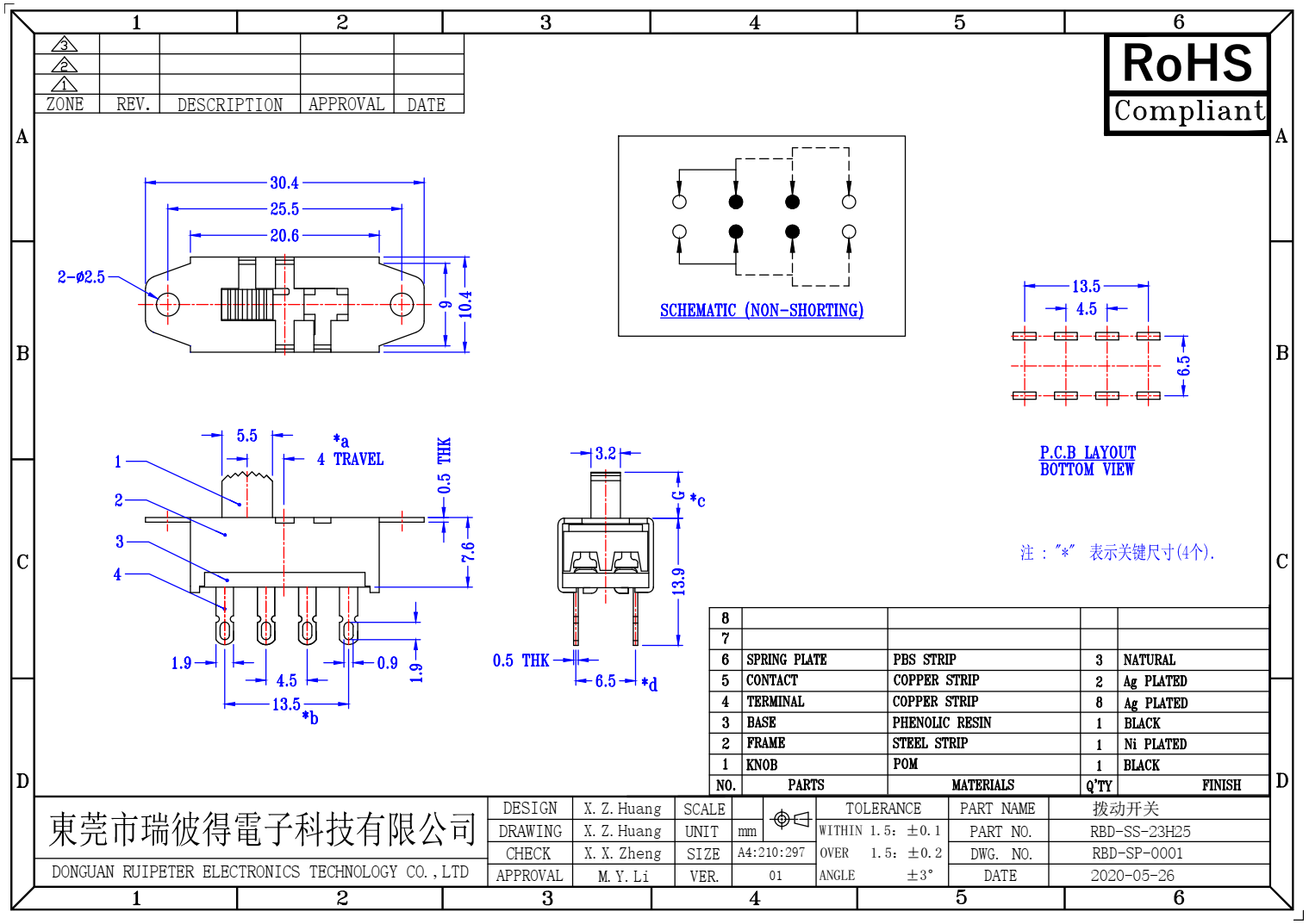 HF-SS-23H25 大电流2A 双排8脚带孔位 三档拨动开关 - 东莞市皓沣电子科技有限公司
